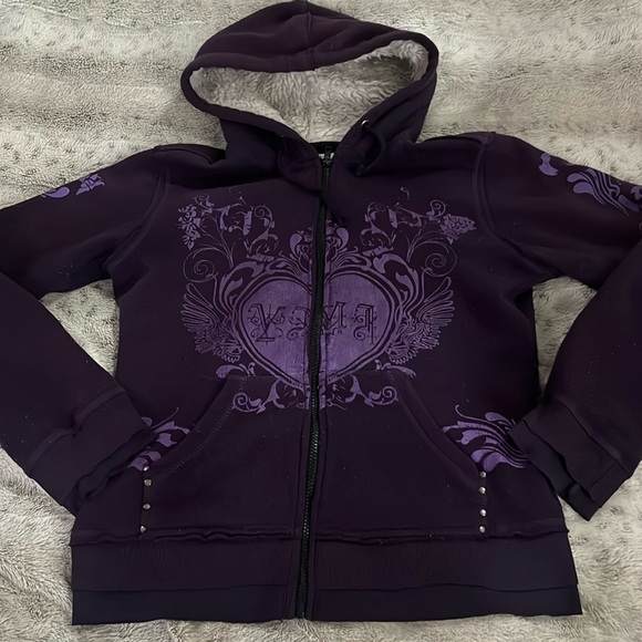 YMI | Tops | Purple Angel Wing Sweatshirt M Faux Fur Lined Hood Heart ...